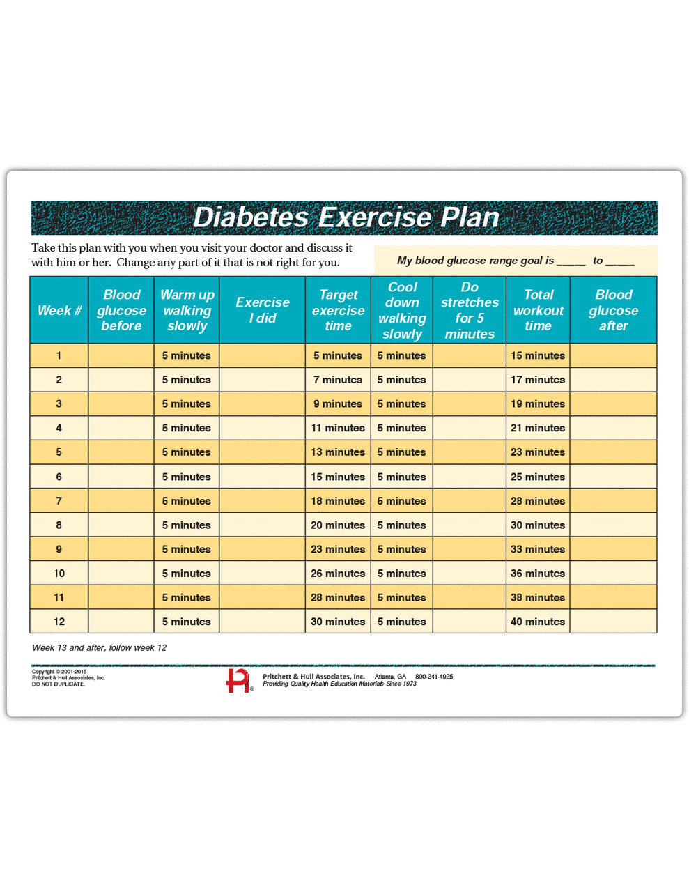 Diabetes Exercise Plan Tearpad (50 sheets per pad) - Pritchett and Hull